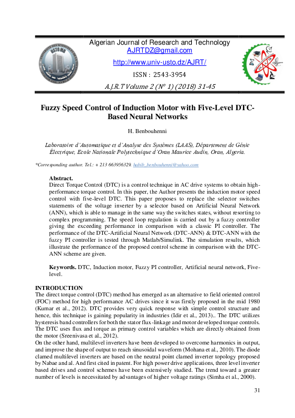 Pdf Fuzzy Speed Control Of Induction Motor With Five Level Dtc Based Neural Networks