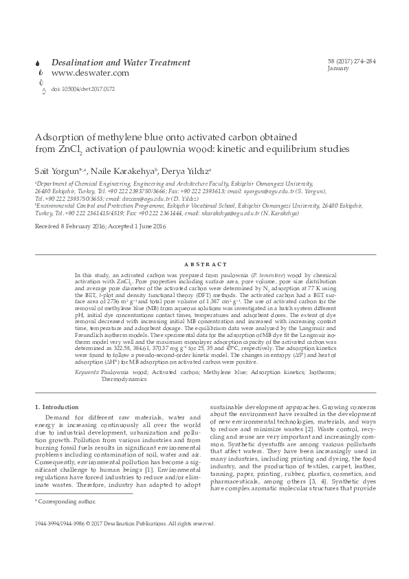 (PDF) Desalination and Water Treatment Adsorption of methylene blue onto activated carbon ...