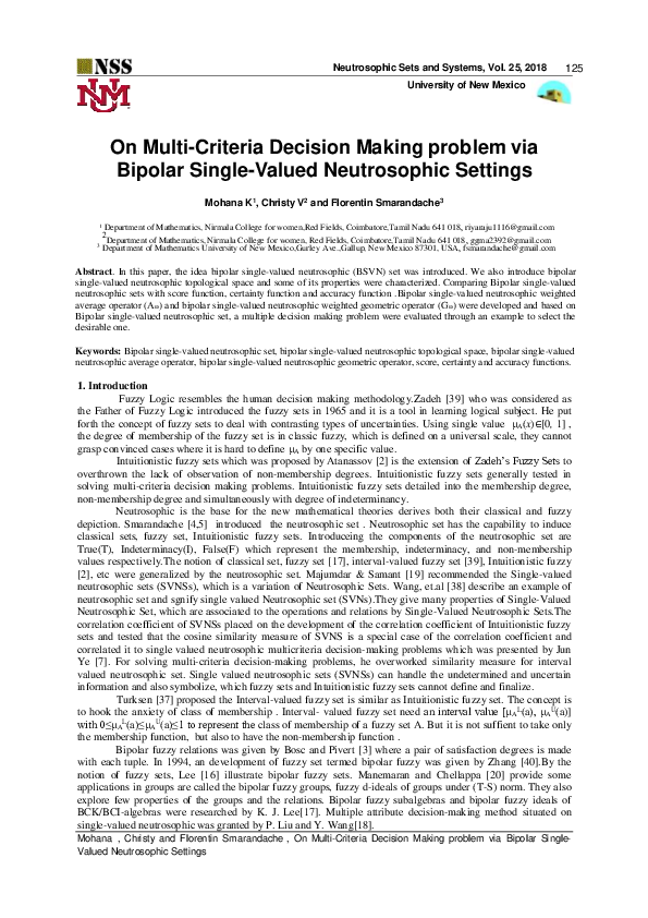 (PDF) On Multi-Criteria Decision Making problem via Bipolar Single-Valued Neutrosophic Settings