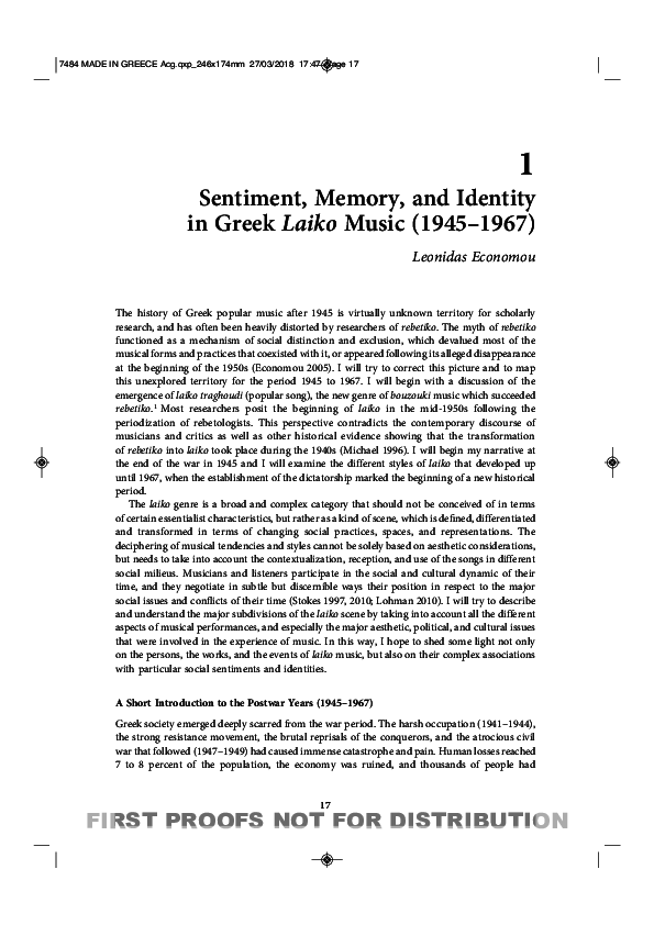 (PDF) Sentiment, Memory, and Identity in Greek Laiko Music (1945-1967