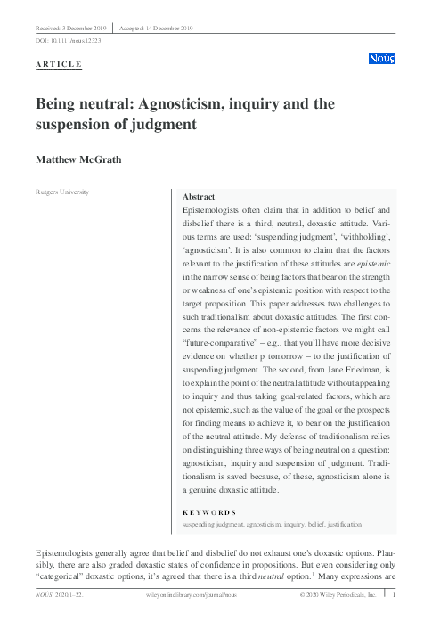 (PDF) Being Neutral: Suspension of Judgment, Agnosticism and Inquiry