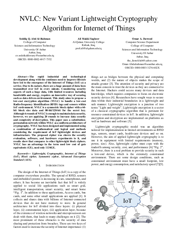 (PDF) NVLC: New Variant Lightweight Cryptography Algorithm for Internet of Things