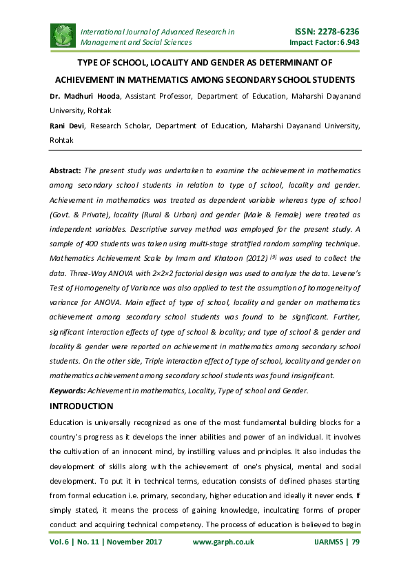 (PDF) TYPE OF SCHOOL, LOCALITY AND GENDER AS DETERMINANT OF ACHIEVEMENT ...