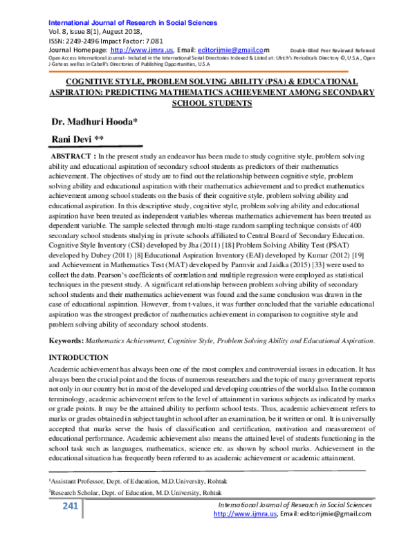 (PDF) COGNITIVE STYLE, PROBLEM SOLVING ABILITY (PSA) & EDUCATIONAL ...