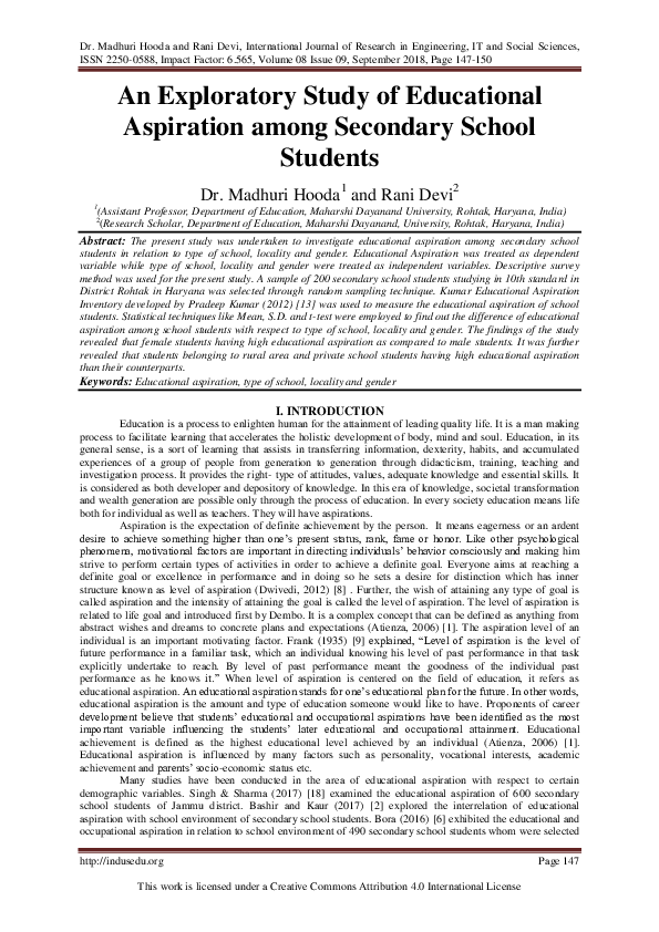 (PDF) An Exploratory Study of Educational Aspiration among Secondary ...