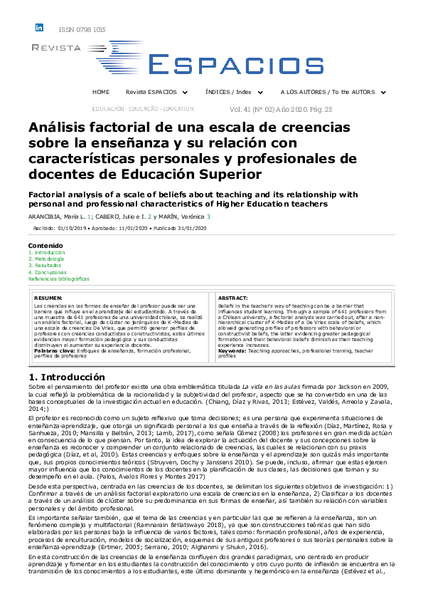 (PDF) Análisis factorial de una escala de creencias sobre la enseñanza y su relación con ...