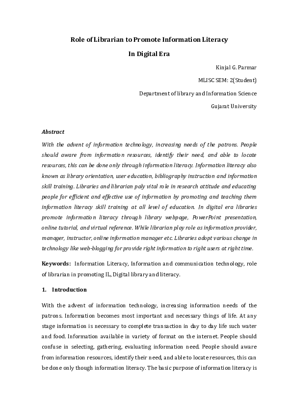 (PDF) Role of librarian in information Literacy