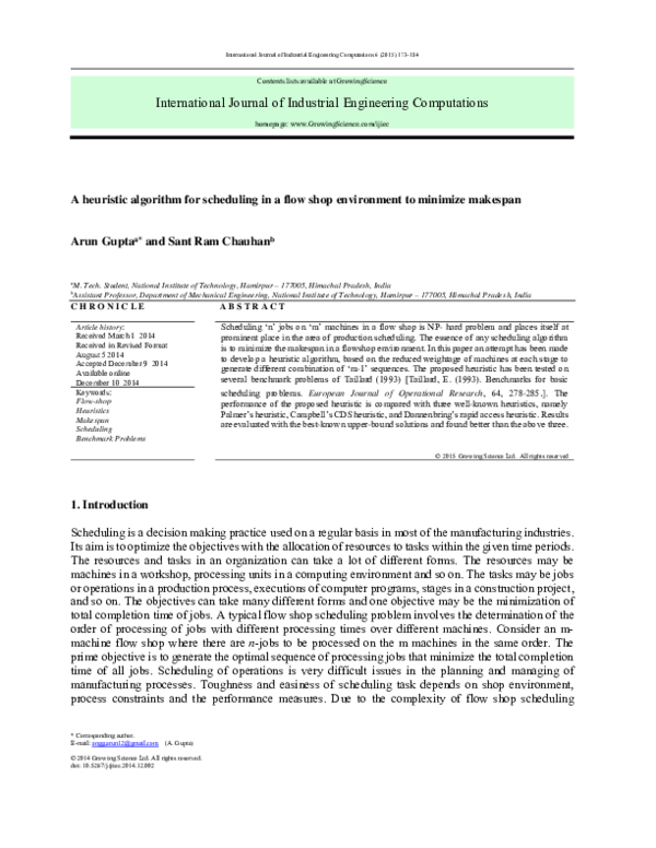 Pdf A Heuristic Algorithm For Scheduling In A Flow Shop Environment