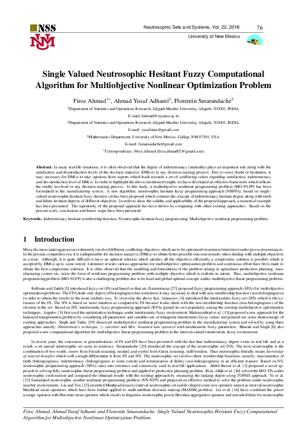 Pdf Single Valued Neutrosophic Hesitant Fuzzy Computational Algorithm