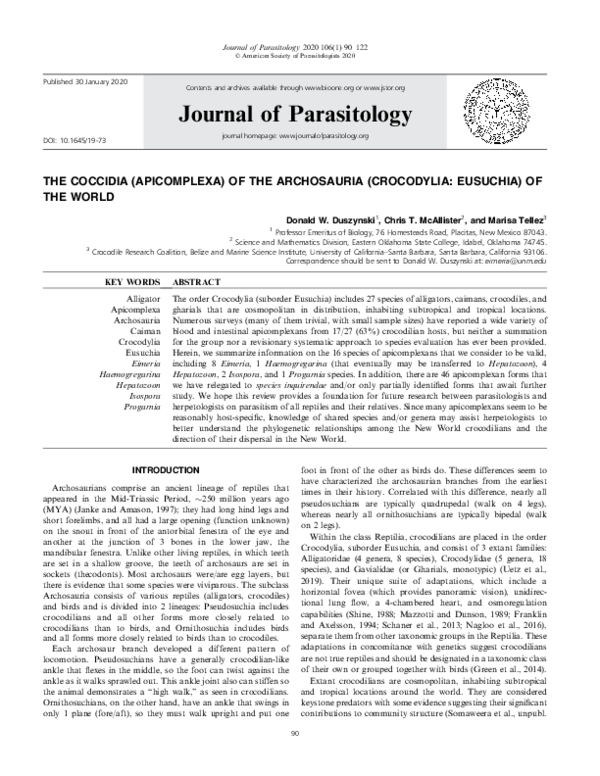 (PDF) Journal of Parasitology THE COCCIDIA (APICOMPLEXA) OF THE ...