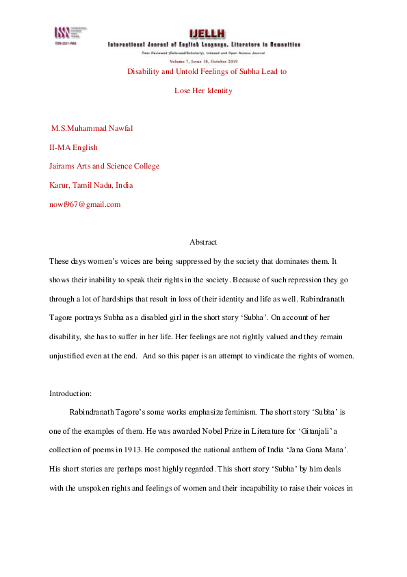 (PDF) Disability and Untold Feelings of Subha Lead to Lose Her Identity