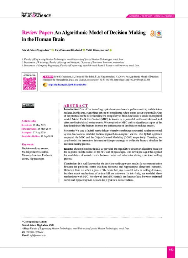(PDF) An Algorithmic Model of Decision Making in the Human Brain