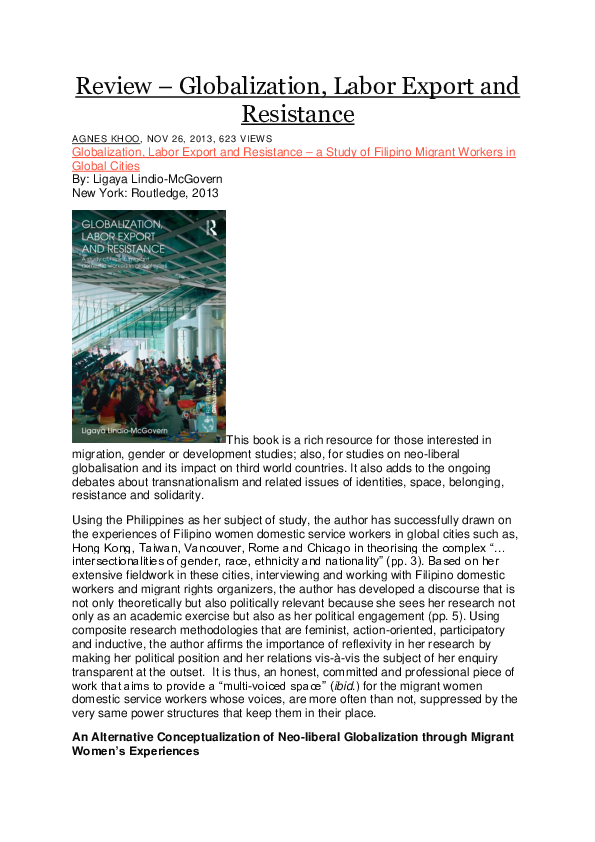 (PDF) Globalization, Labor Export and Resistance (Book Review by Agnes ...