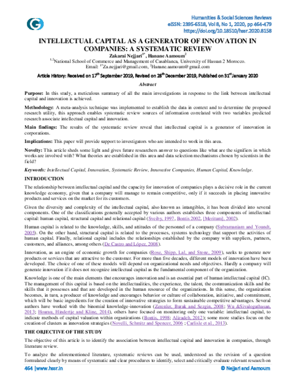 (PDF) INTELLECTUAL CAPITAL AS A GENERATOR OF INNOVATION IN COMPANIES: A SYSTEMATIC REVIEW
