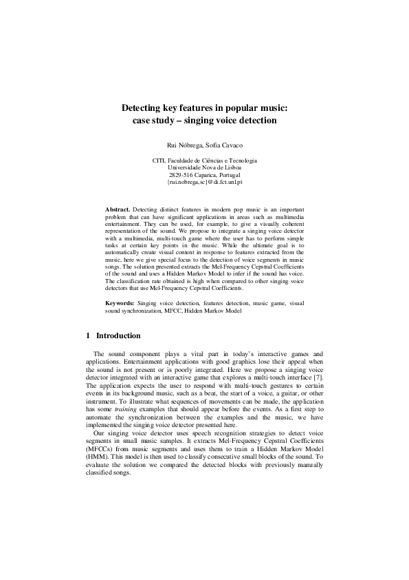 (PDF) Detecting key features in popular music: case study - singing voice detection