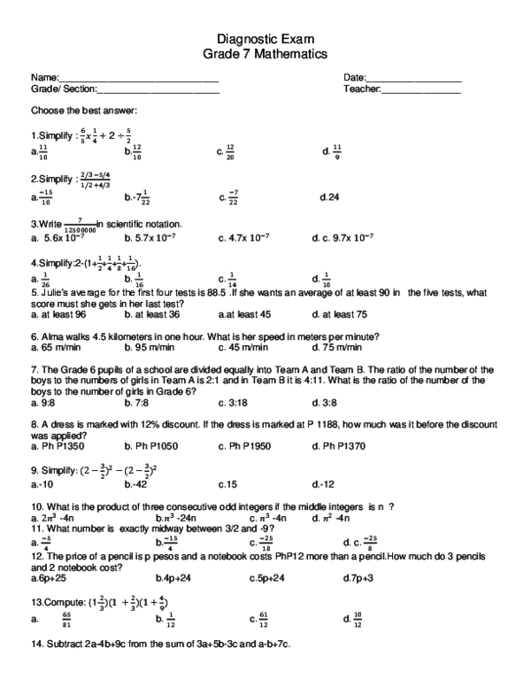 (DOC) Diagnostic Exam Grade 7 Mathematics | vie acut - Academia.edu