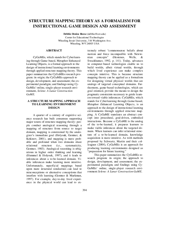 (PDF) Structure mapping theory as a formalism for instructional game design and assessment