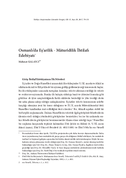(PDF) Osmanlı’da Eş‘arîlik-Mâturîdîlik İhtilafı Edebiyatı / Literature ...