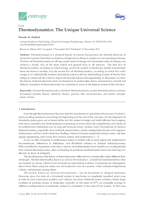 (PDF) entropy Thermodynamics: The Unique Universal Science