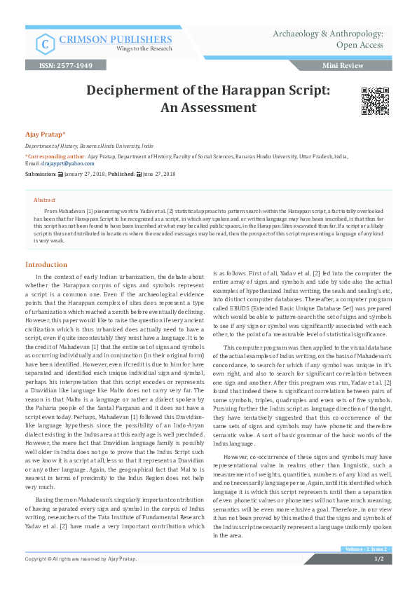(PDF) Decipherment of the Harappan Script: An Assessment