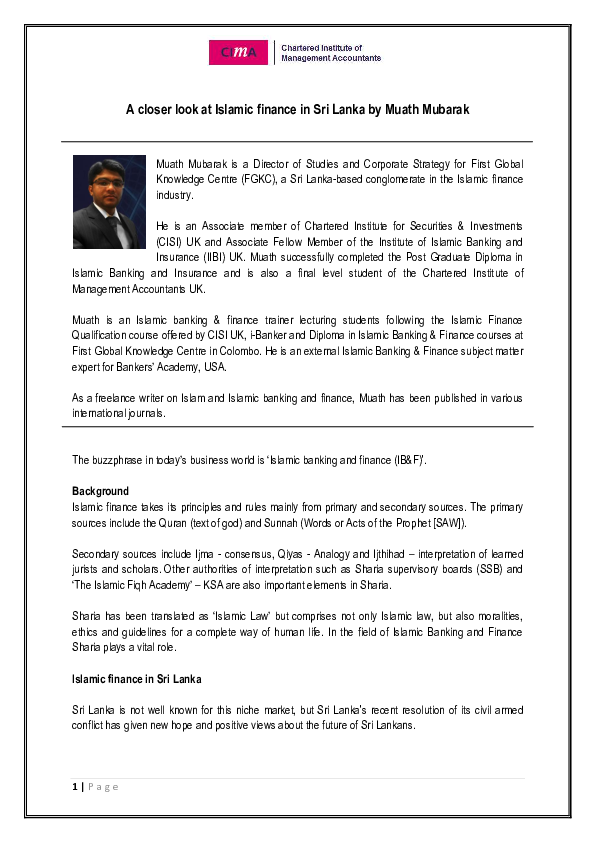 (PDF) A closer look at Islamic finance in Sri Lanka by Muath Mubarak