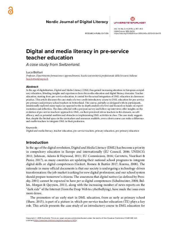 (PDF) Digital and media literacy in pre-service teacher education. A ...