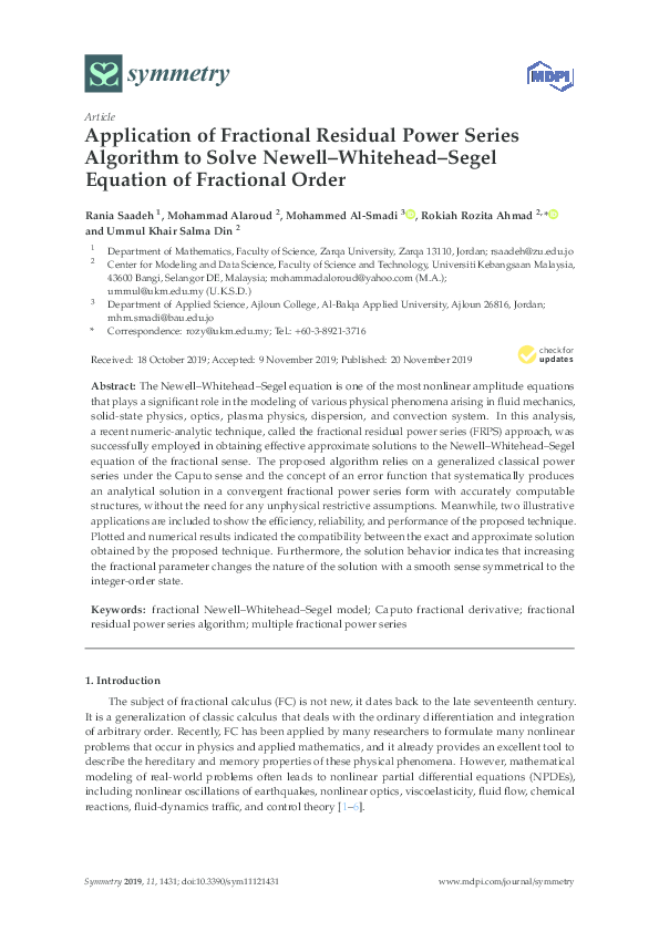 Pdf Application Of Fractional Residual Power Series Algorithm To
