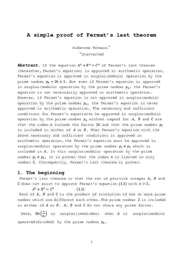 (PDF) A simple proof of Fermat's last theorem