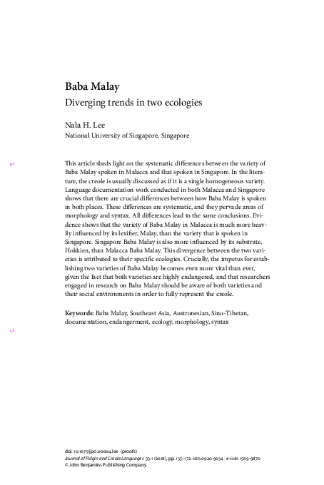 (PDF) Baba Malay Diverging trends in two ecologies