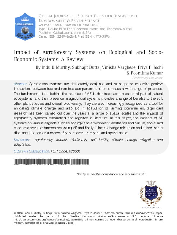 (PDF) Impact of Agroforestry Systems on Ecological and Socio- Economic ... (PDF) Impact of Agroforestry Systems on Ecological and Socio- Economic ...