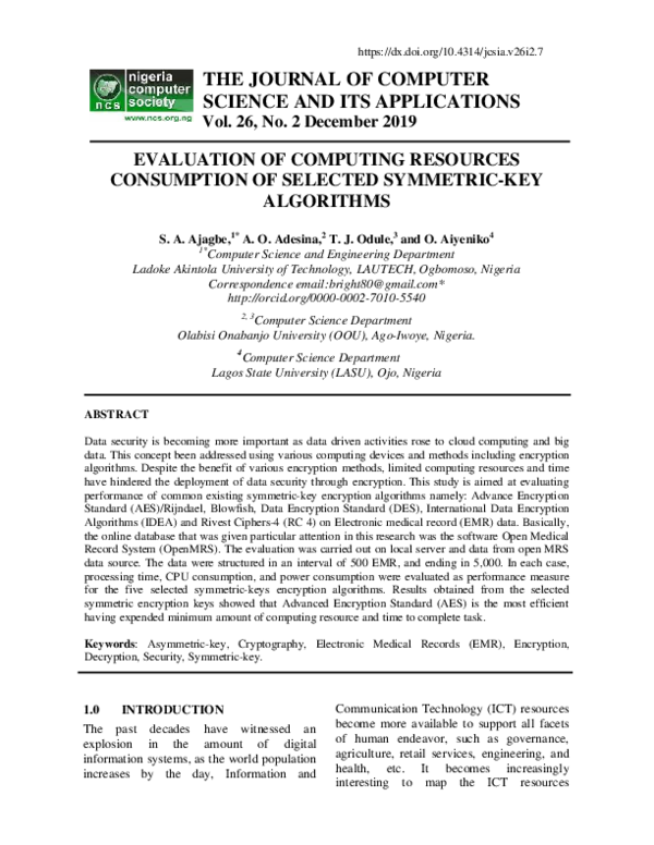 Pdf Evaluation Of Computing Resources Consumption Of Selected Symmetric Key Algorithms
