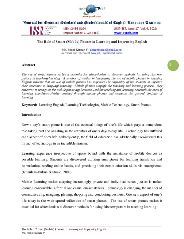 (PDF) The Role of Smart (Mobile) Phones in Learning and Improving English