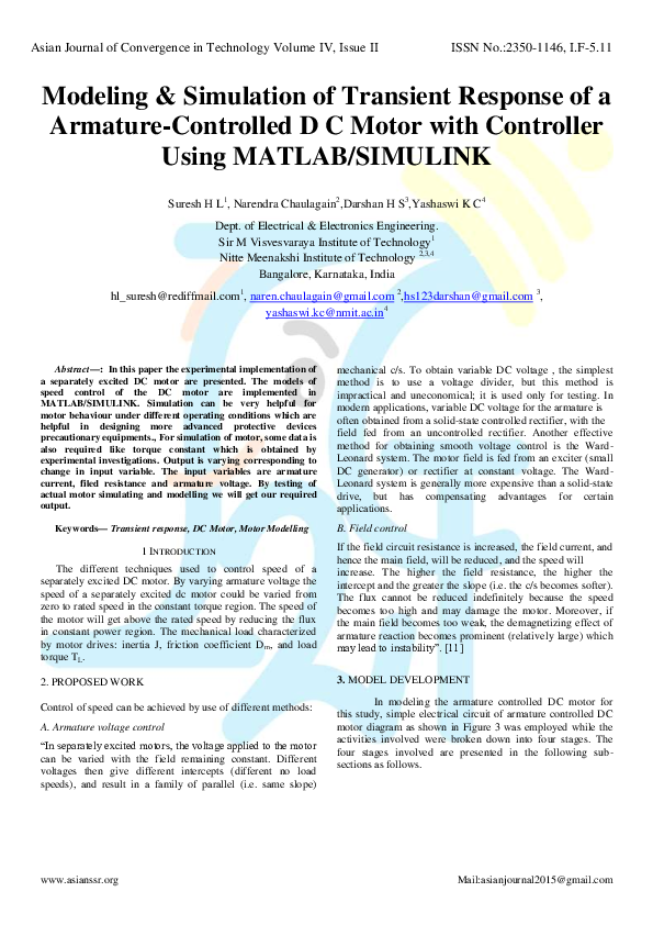 (PDF) Modeling & Simulation of Transient Response of a Armature-Controlled D C Motor with ...
