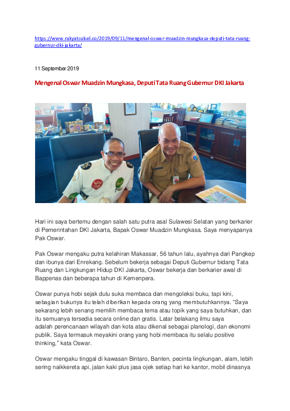 (DOC) KLIPING. Mengenal Oswar Muadzin Mungkasa, Deputi Tata Ruang ...