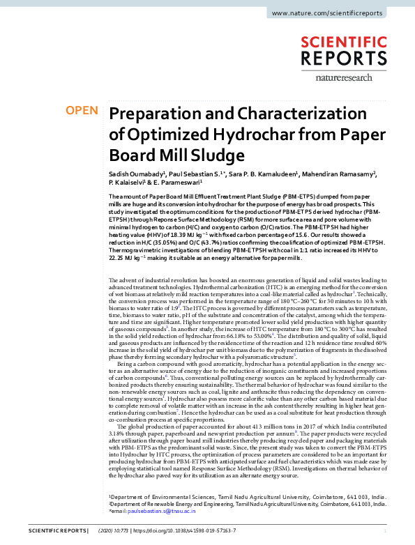 (PDF) Preparation and characterization of optimized Hydrochar from ...
