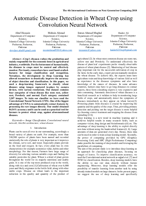 Pdf Automatic Disease Detection In Wheat Crop Using Convolution