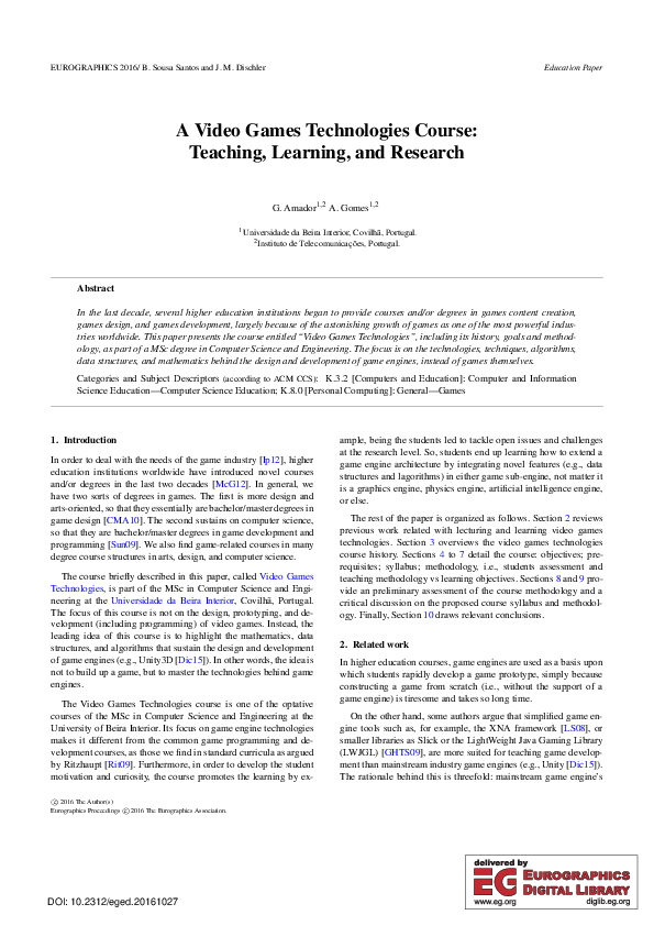(PDF) A Video Games Technologies Course: Teaching, Learning, and Research