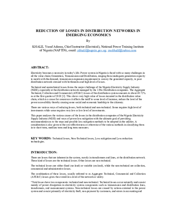 (PDF) REDUCTION OF LOSSES IN DISTRIBUTION NETWORKS IN EMERGING ECONOMICS