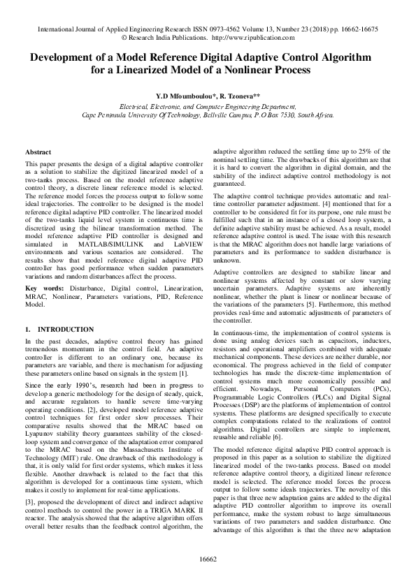 Pdf Development Of A Model Reference Digital Adaptive Control Algorithm For A Linearized Model
