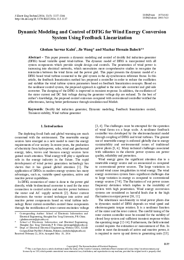 Pdf Dynamic Modeling And Control Of Dfig For Wind Energy Conversion System Using Feedback