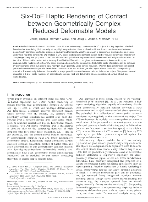 Pdf Six Dof Haptic Rendering Of Contact Between Geometrically Complex Reduced Deformable Models 7321