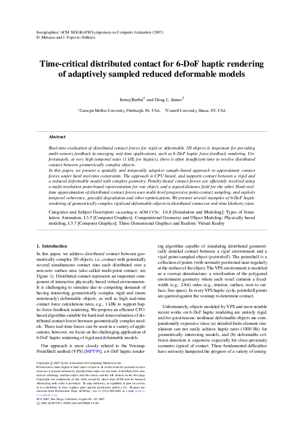 Pdf Time Critical Distributed Contact For 6 Dof Haptic Rendering Of Adaptively Sampled Reduced 2628