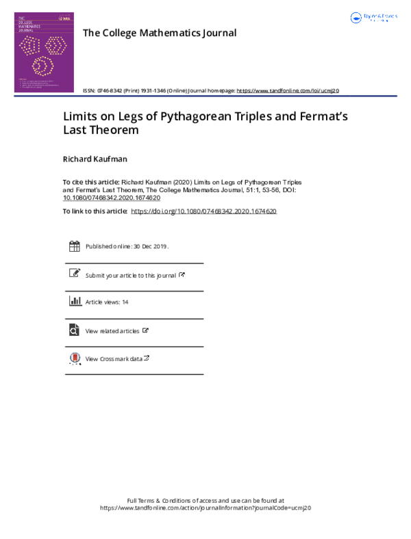 (PDF) Limits on Legs of Pythagorean Triples and Fermat's Last Theorem