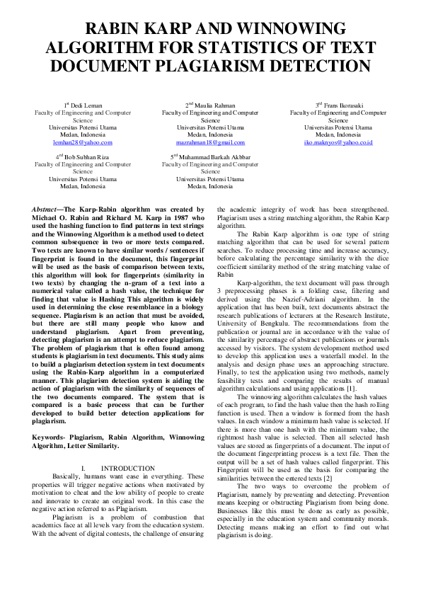 Pdf Rabin Karp And Winnowing Algorithm For Statistics Of Text Document Plagiarism Detection