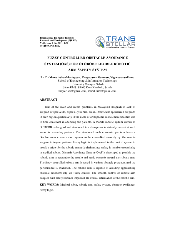 Pdf Fuzzy Controlled Obstacle Avoidance System Oas For Otorob