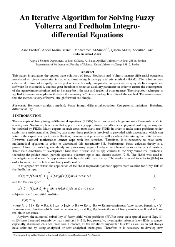 Pdf An Iterative Algorithm For Solving Fuzzy Volterra And Fredholm
