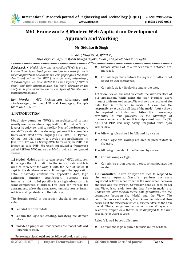 Pdf Irjet Mvc Framework A Modern Web Application Development Approach And Working