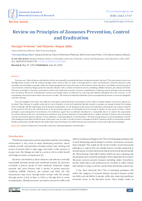 (PDF) Review on Principles of Zoonoses Prevention, Control and Eradication
