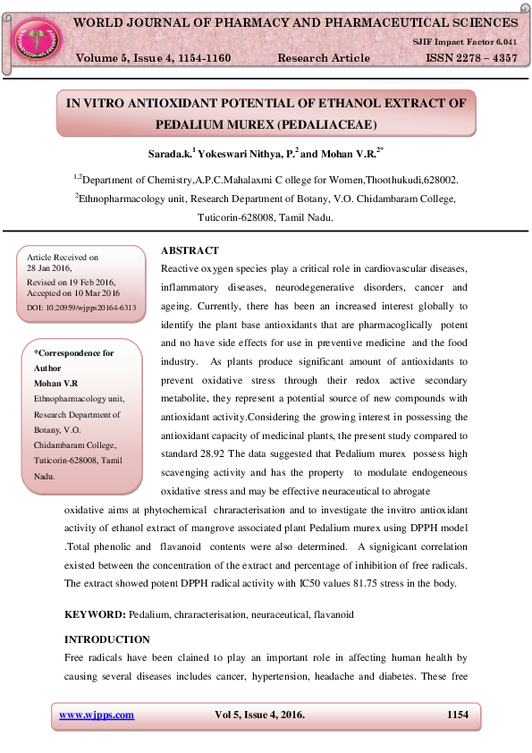 (PDF) IN VITRO ANTIOXIDANT POTENTIAL OF ETHANOL EXTRACT OF PEDALIUM MUREX (PEDALIACEAE