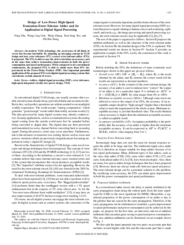 Pdf Design Of Low Power High Speed Truncation Error Tolerant Adder And Its Application In